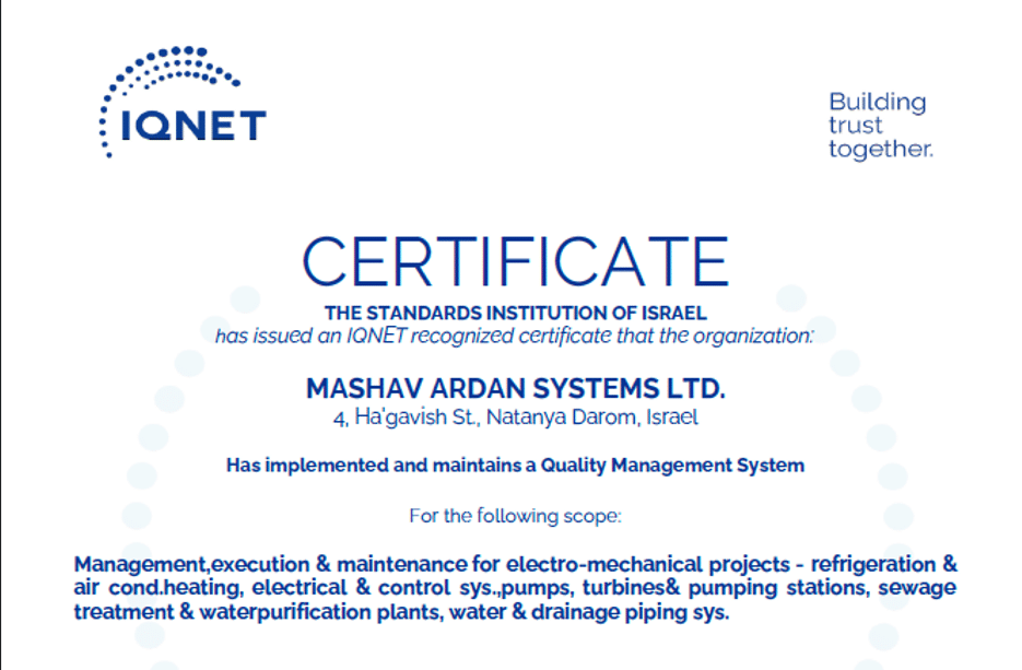 IQNET International Quality Certificate – ISO 9001 - משב ארדן מערכות בע"מ
